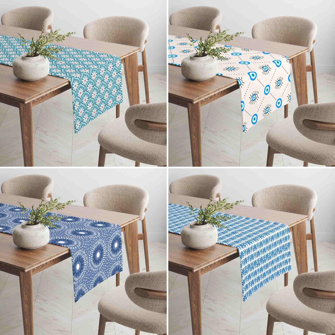 Mediterranean Table Runner, Blue Design Table Cover, Geometric Leaves ...