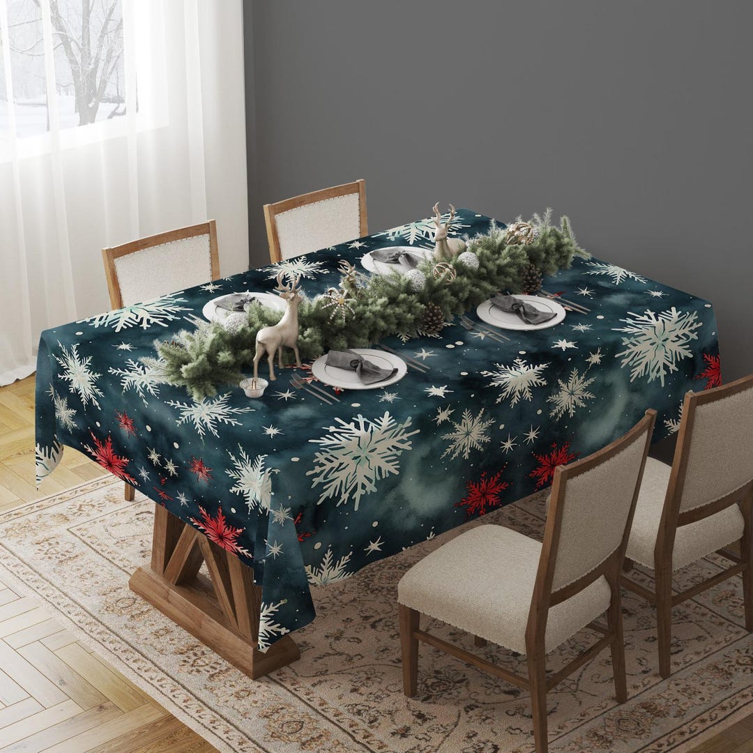 Christmas Snowflakes Tablecloth, Xmas Ornaments Table Design, Winter ...