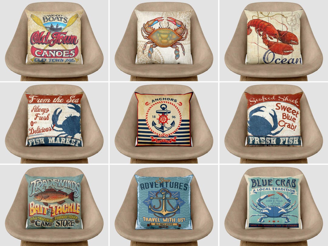 Retro Sea Life Pillow Case, Marine Creatures Throw Pillow Cover, Crab ...