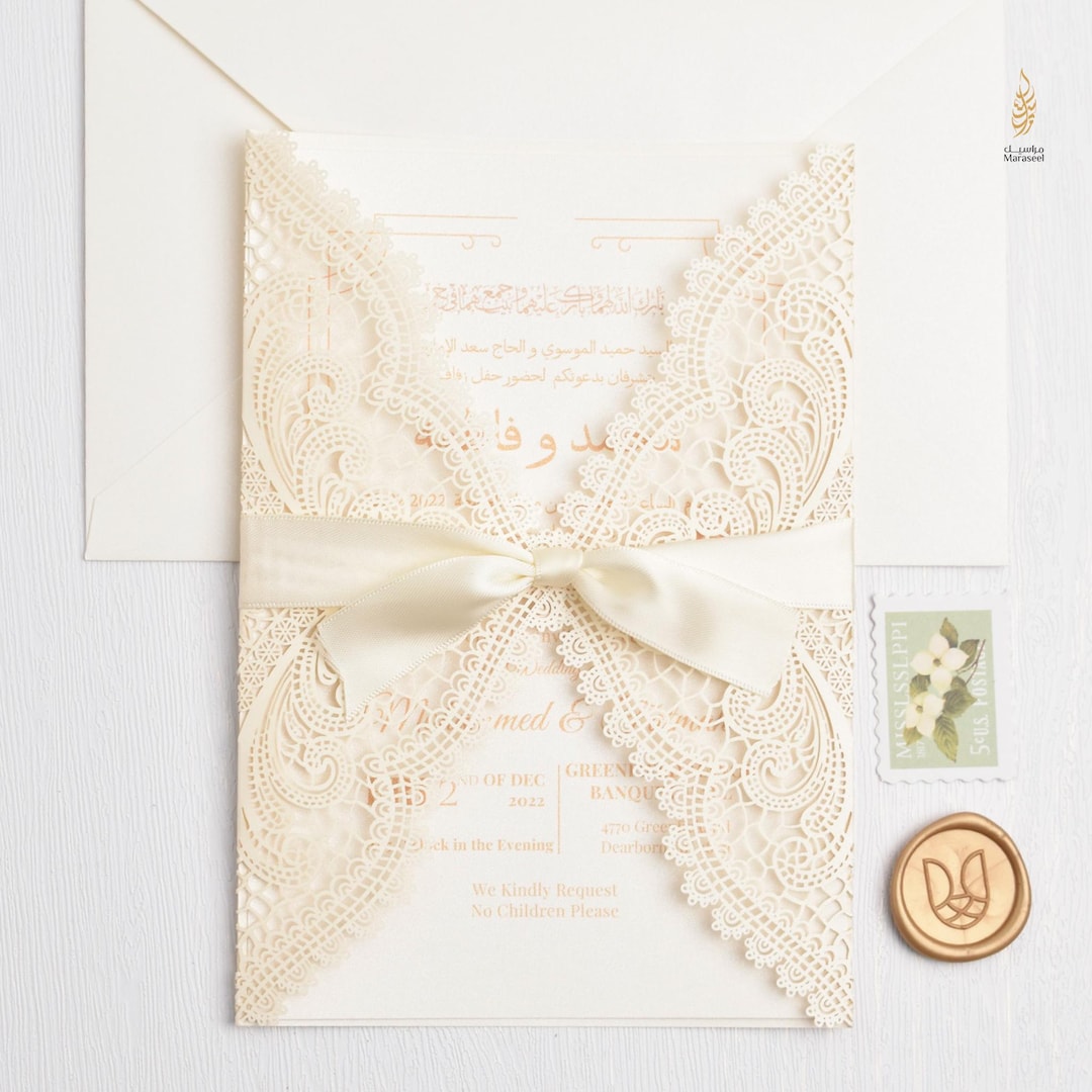 Lace Jacket Wedding Invitation Suite: Ivory, Satin Ribbon & Gold Seal ...