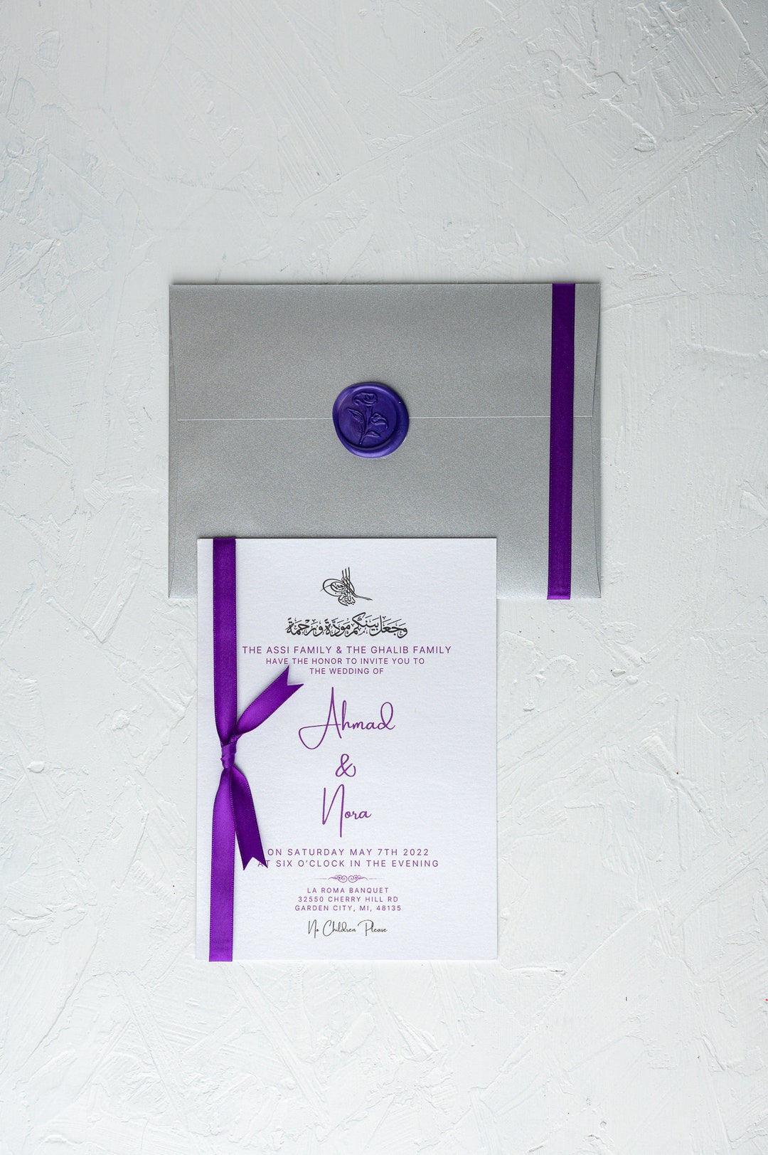 Royal Purple Vellum Gatefold Wax Seal Wedding Invitation Chiffon Ribbon ...