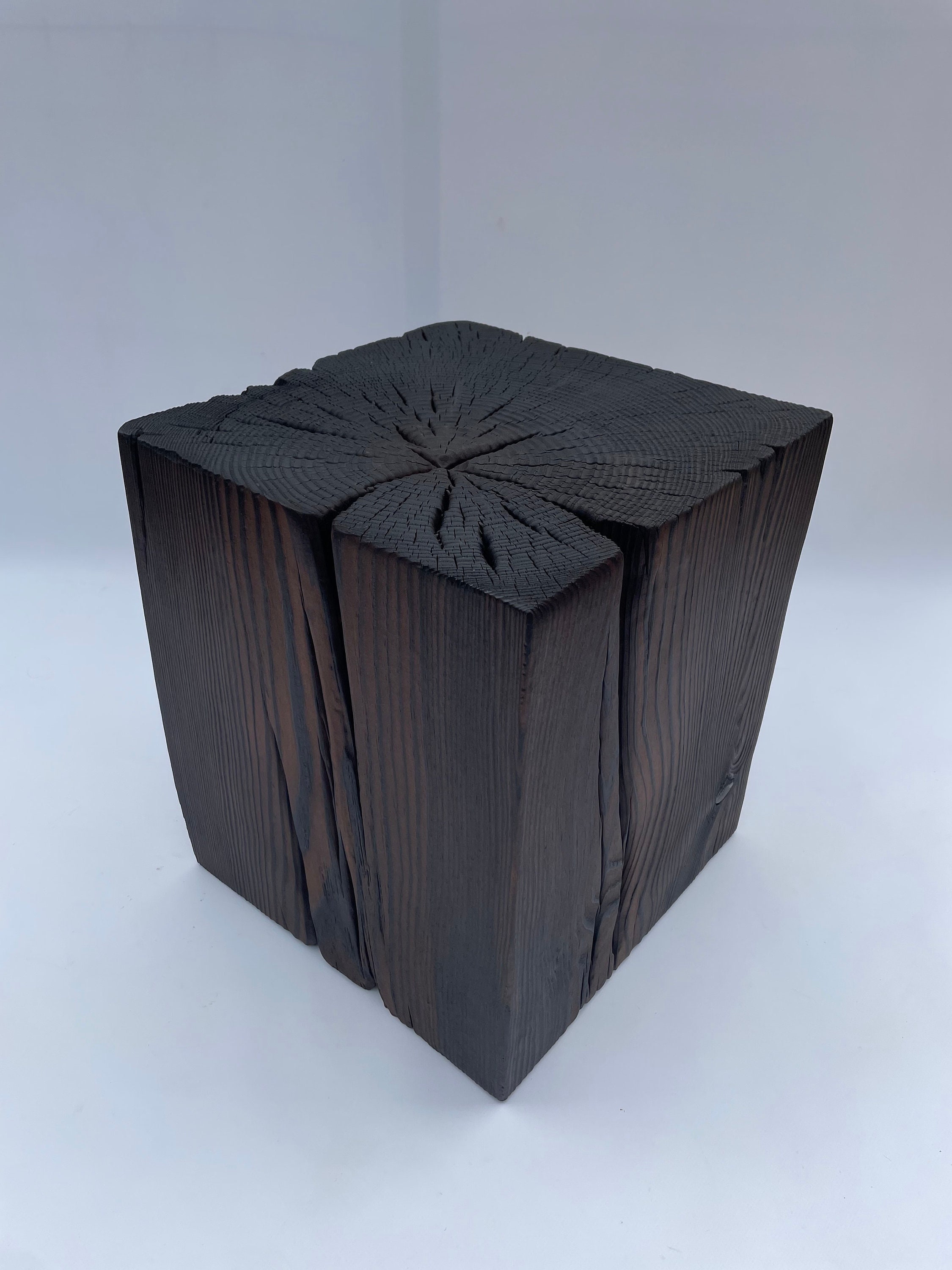 Pine Cube Yakisugi Side Table. Wooden Stump Table. Natural Home Decor. Plant Stand. Bedside ...