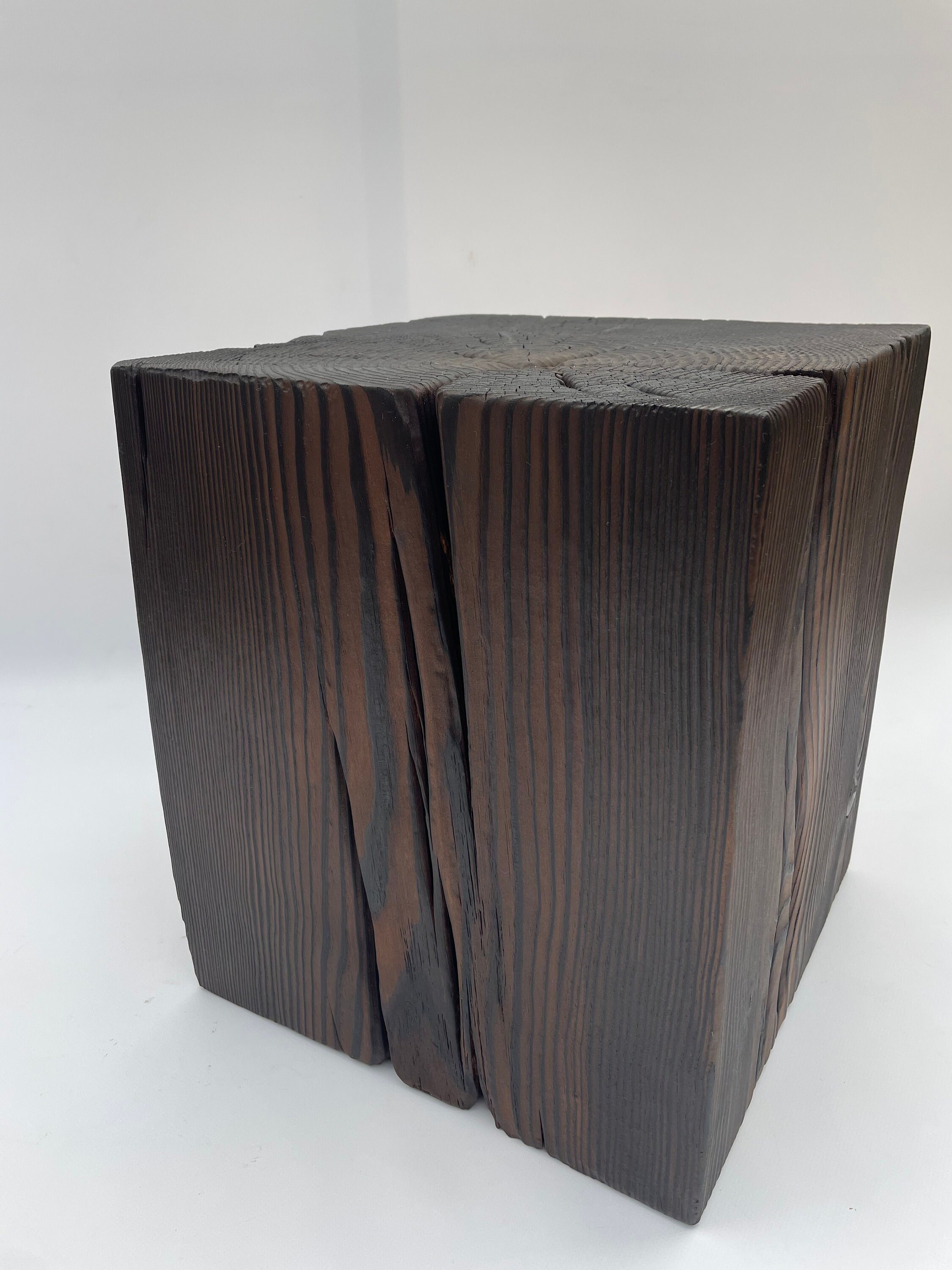Pine Cube Yakisugi Side Table. Wooden Stump Table. Natural Home Decor. Plant Stand. Bedside ...