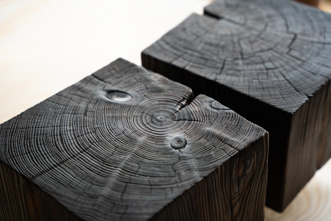 Pine Cube Yakisugi Side Table. Wooden Stump Table. Natural Home Decor. Plant Stand. Bedside ...