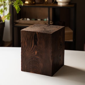 Pine Cube Yakisugi Side Table. Wooden Stump Table. Natural Home Decor. Plant Stand. Bedside ...