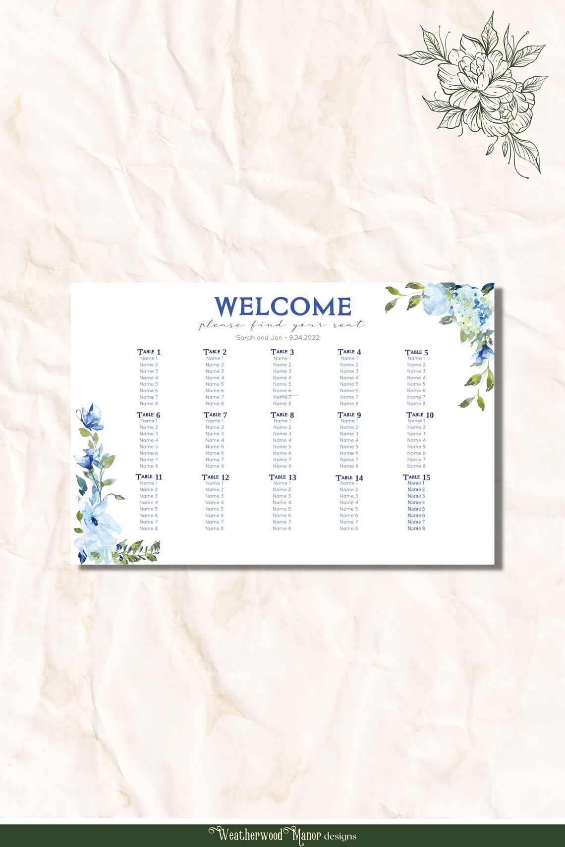 Blue Floral Seating Chart Template | Instant Download| Editable ...