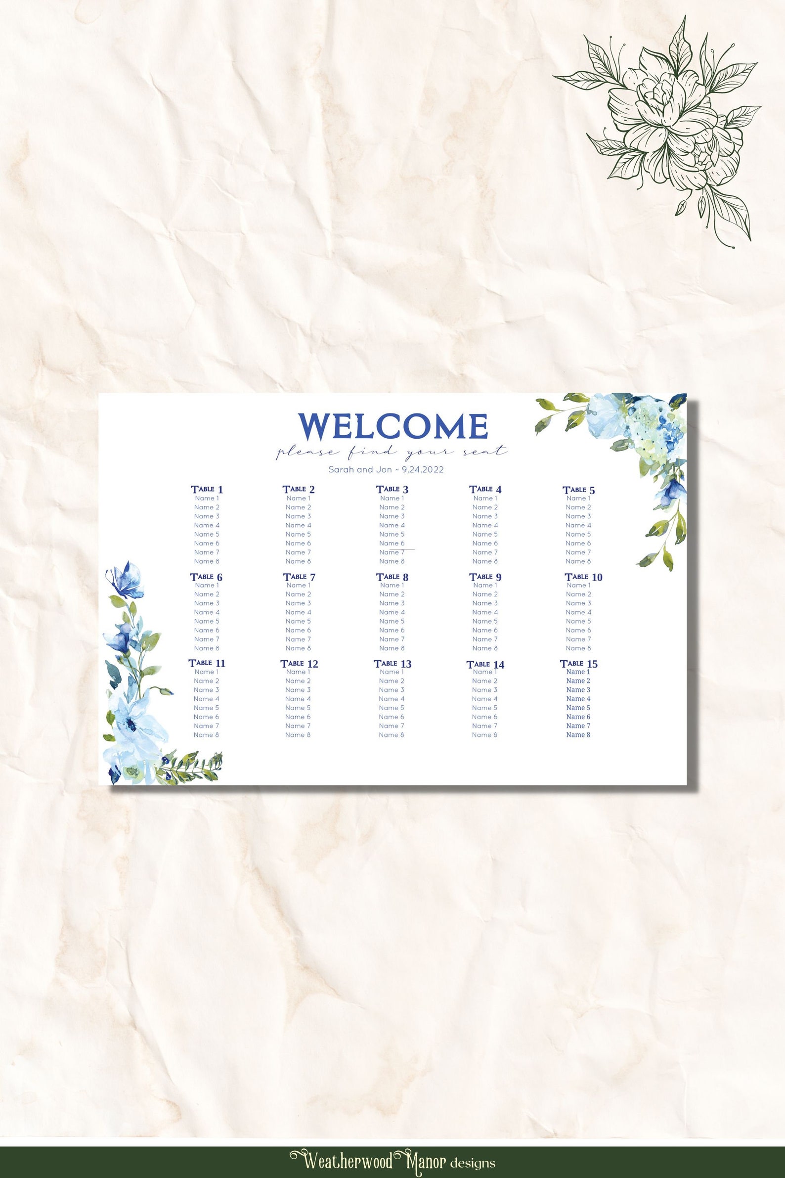 Blue Floral Seating Chart Template Instant Download Editable Template ...
