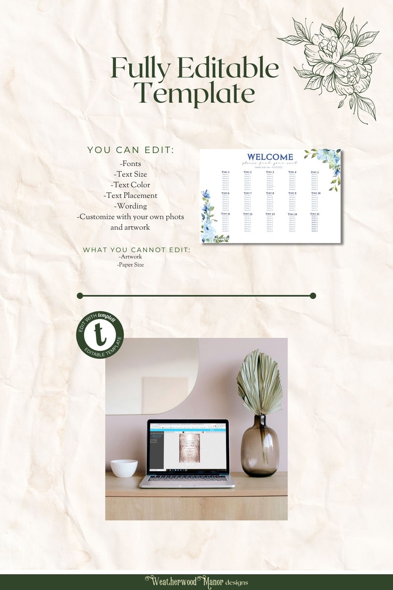 Blue Floral Seating Chart Template | Instant Download| Editable ...