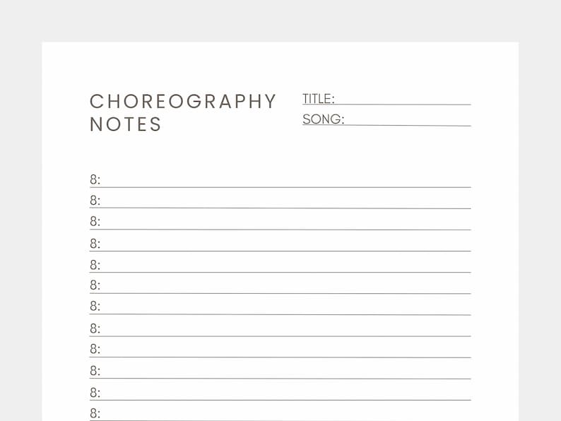 Dance Choreography Planner Printable Sheets Dance Organization 8 Count ...