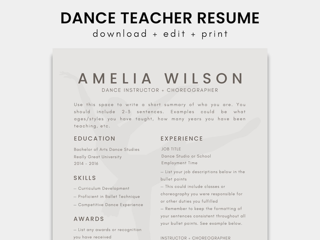 Dance Teacher Resume Template for Canva | Dance Instructor Resume ...