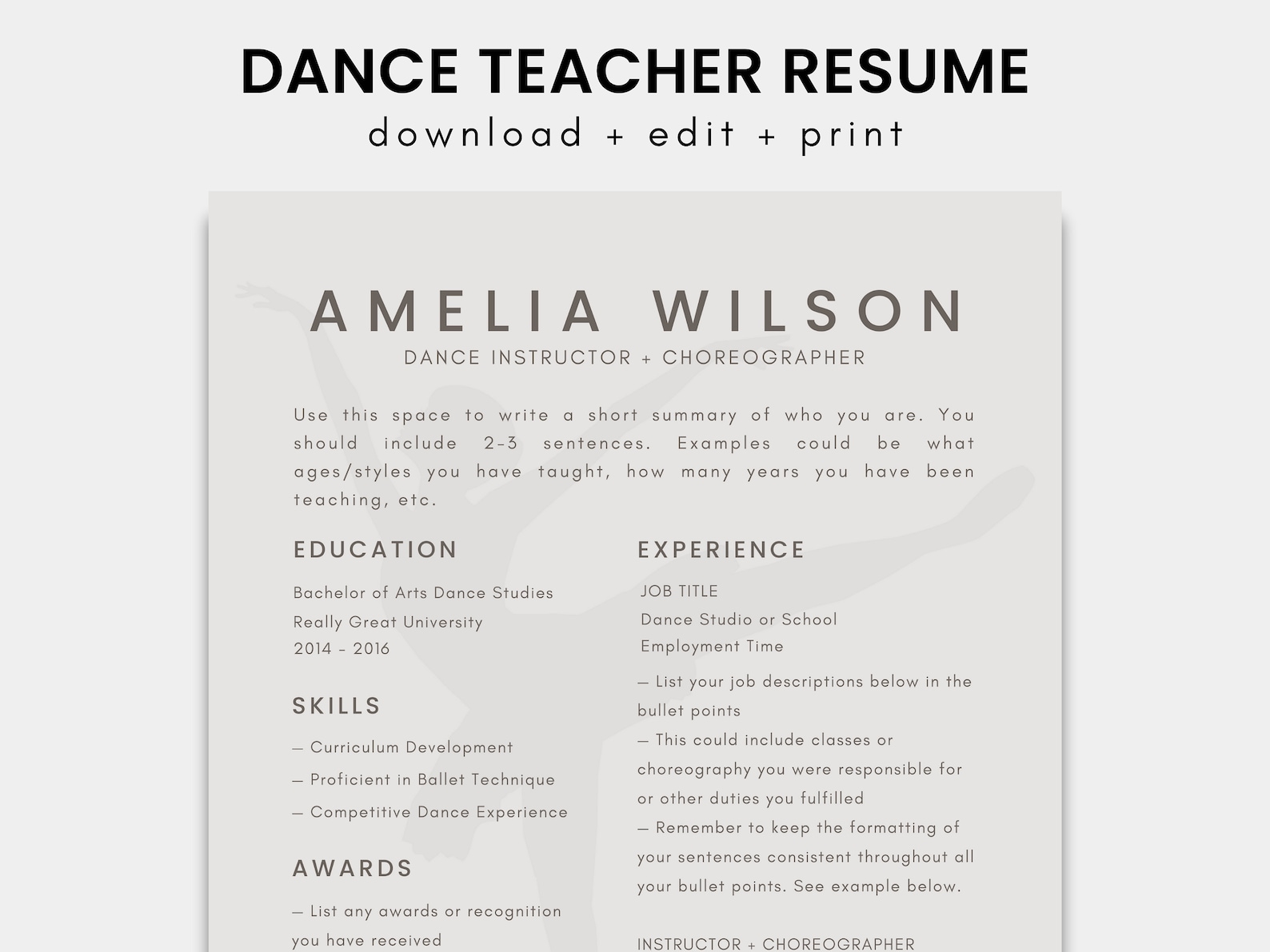 Dance Teacher Resume Template for Canva | Dance Instructor Resume ...