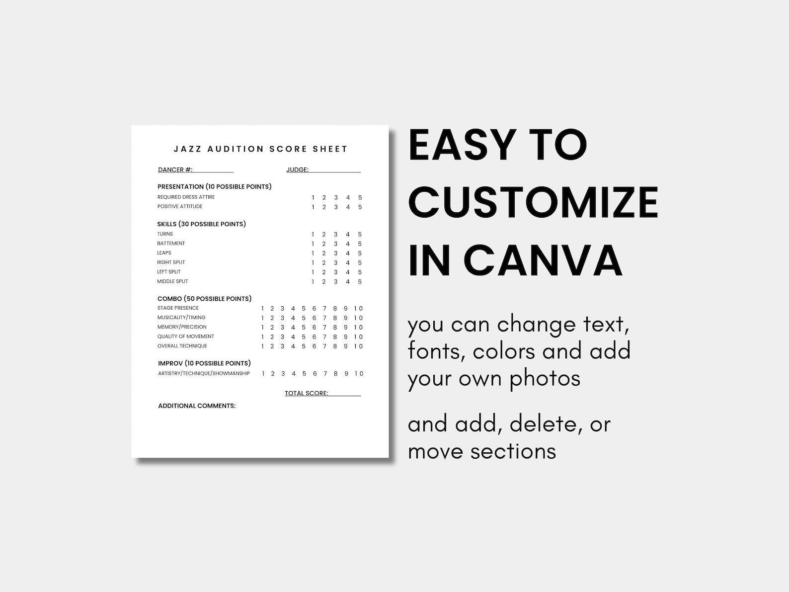 Dance Audition Score Sheet | Dance Team Score Sheet | Dance Competition ...