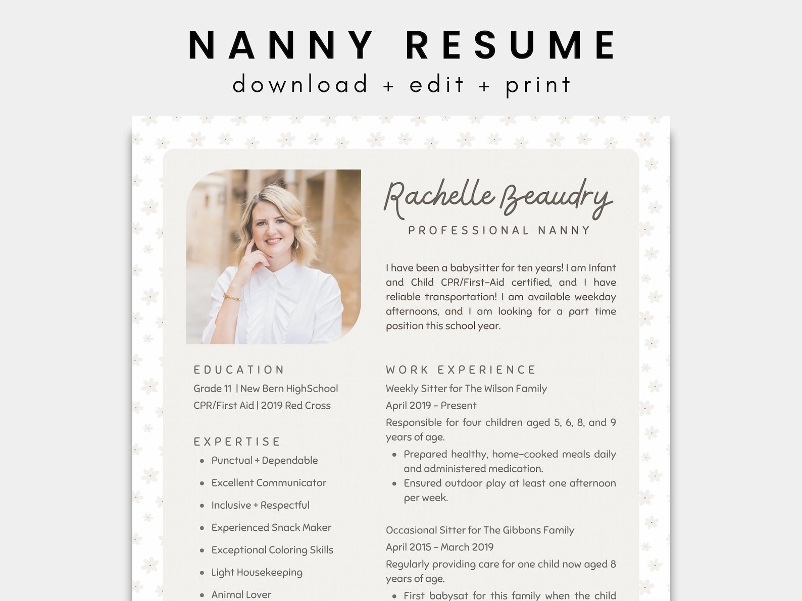 Nanny Resume Canva Template | Babysitter | Childcare | Caregiver ...