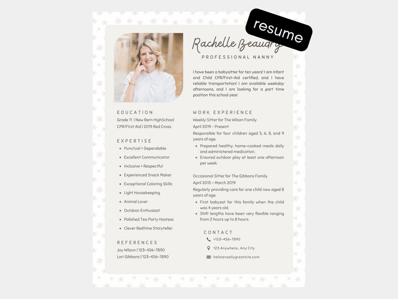 Nanny Resume Canva Template: Editable Cover Letter (printable PDF) - Etsy