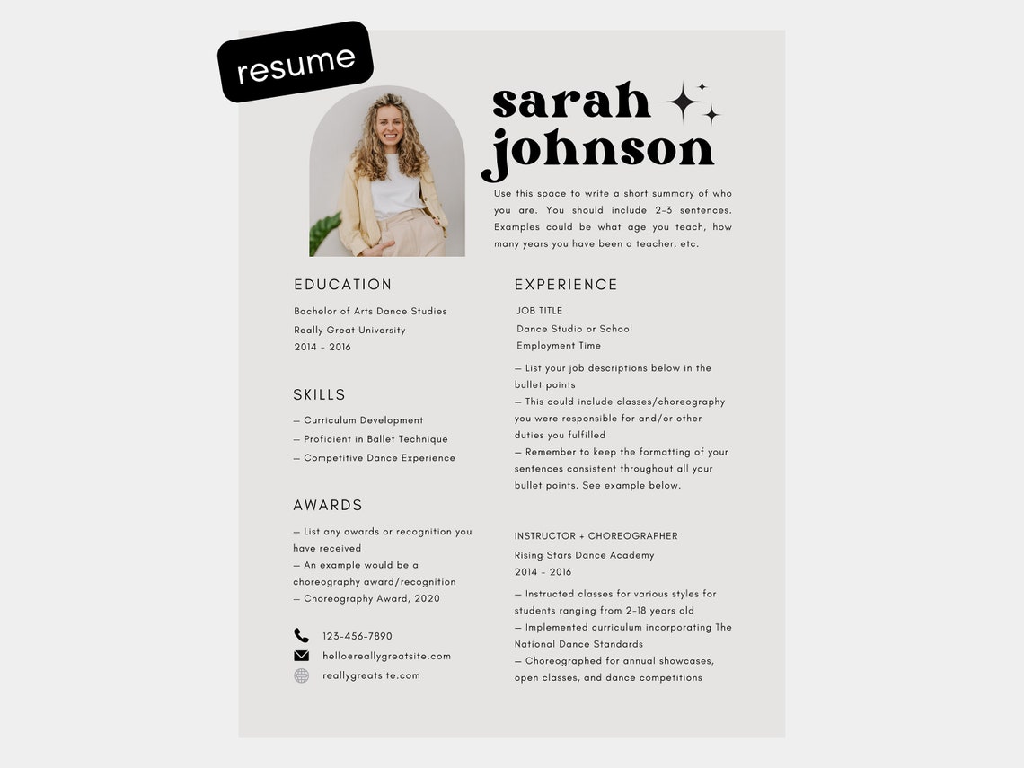 Dance Teacher Resume Template for Canva | Dance Instructor Resume ...
