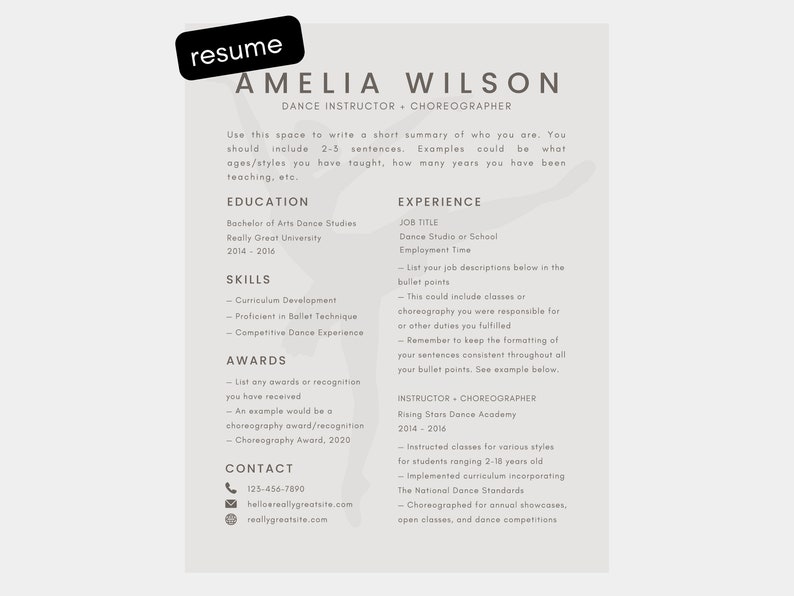 Dance Teacher Resume Template: Instructor & Choreographer (canva) - Etsy