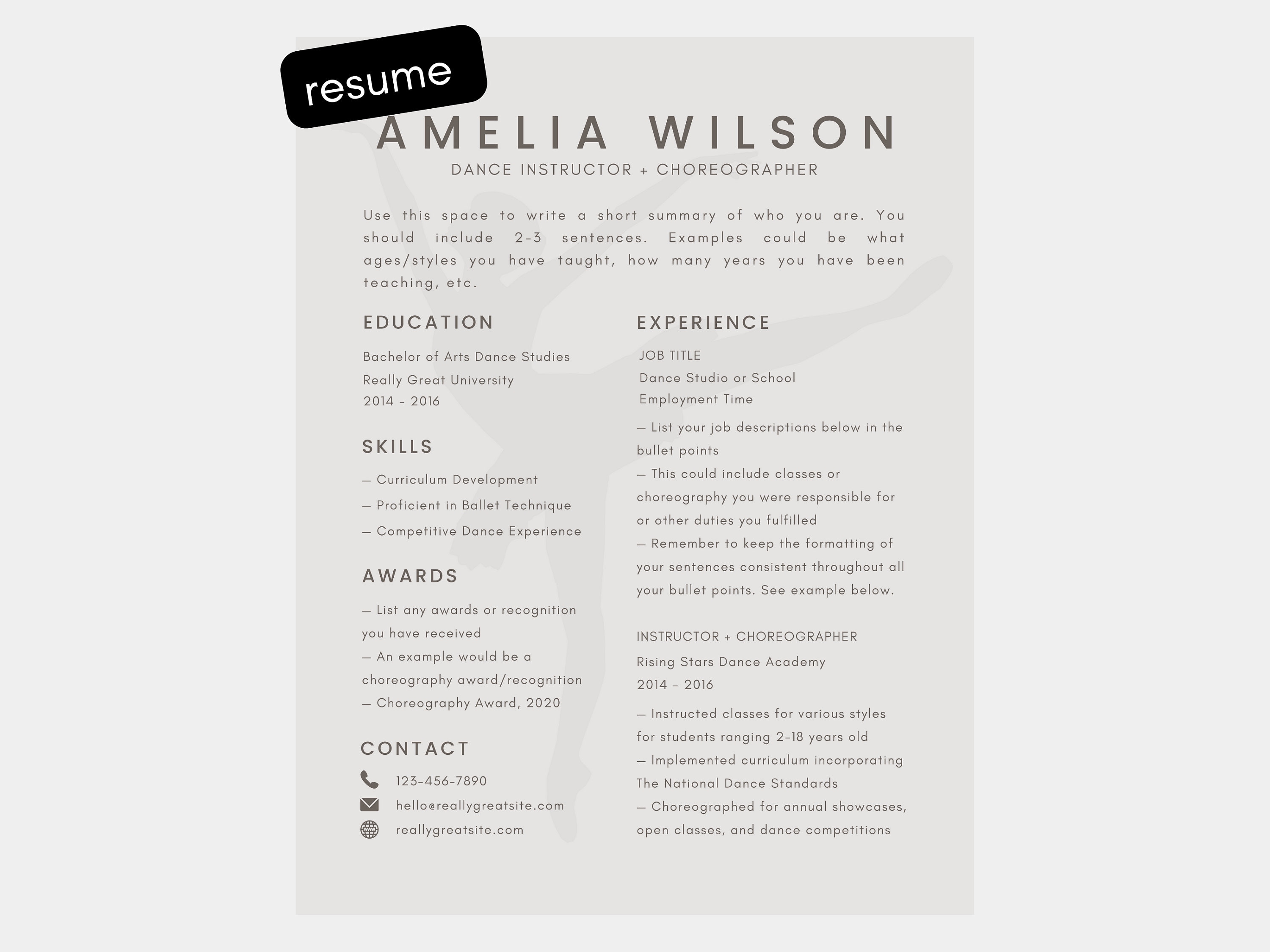 Dance Teacher Resume Template for Canva | Dance Instructor Resume ...