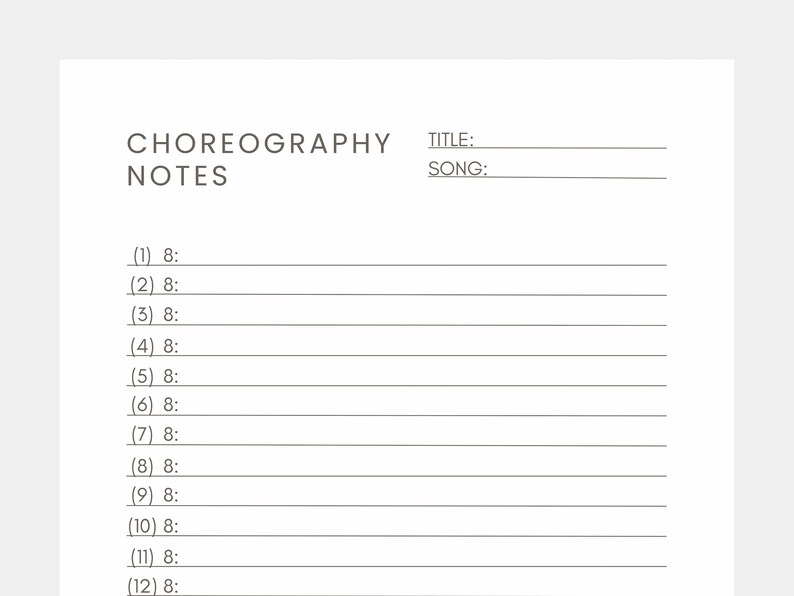 Dance Choreography Planner Printable Sheets Dance Organization 8 Count ...