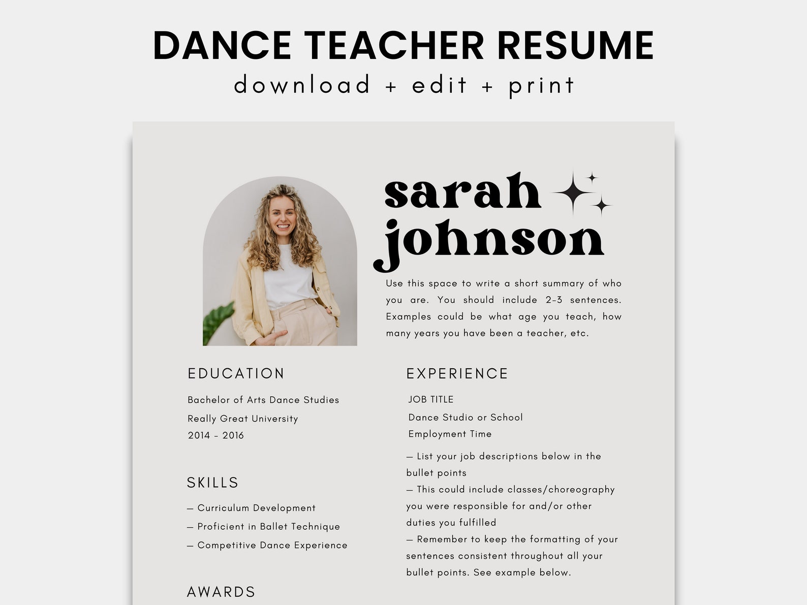 Dance Teacher Resume Template for Canva | Dance Instructor Resume ...