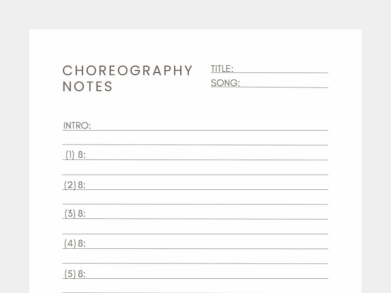Dance Choreography Planner Printable Sheets Dance Organization 8 Count ...