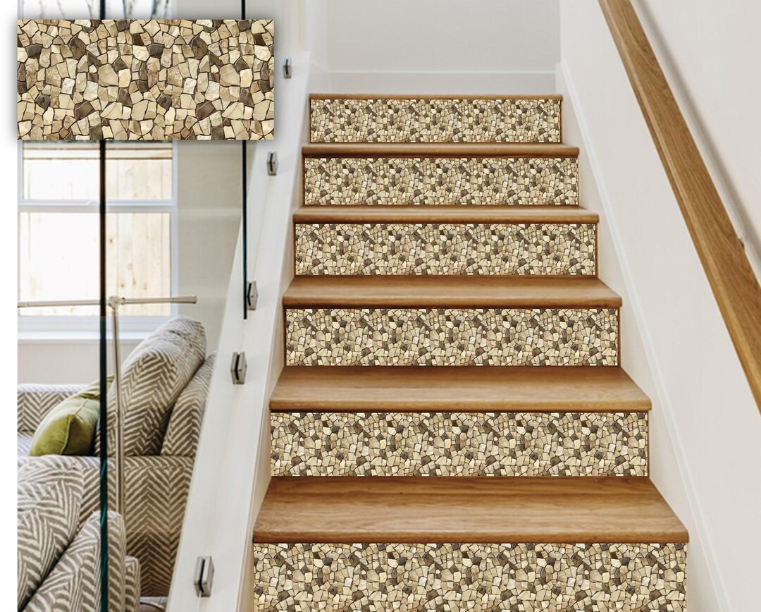 Rustic Seamless Mosaic Removable Stair Riser Decals, Vintage Stone and ...