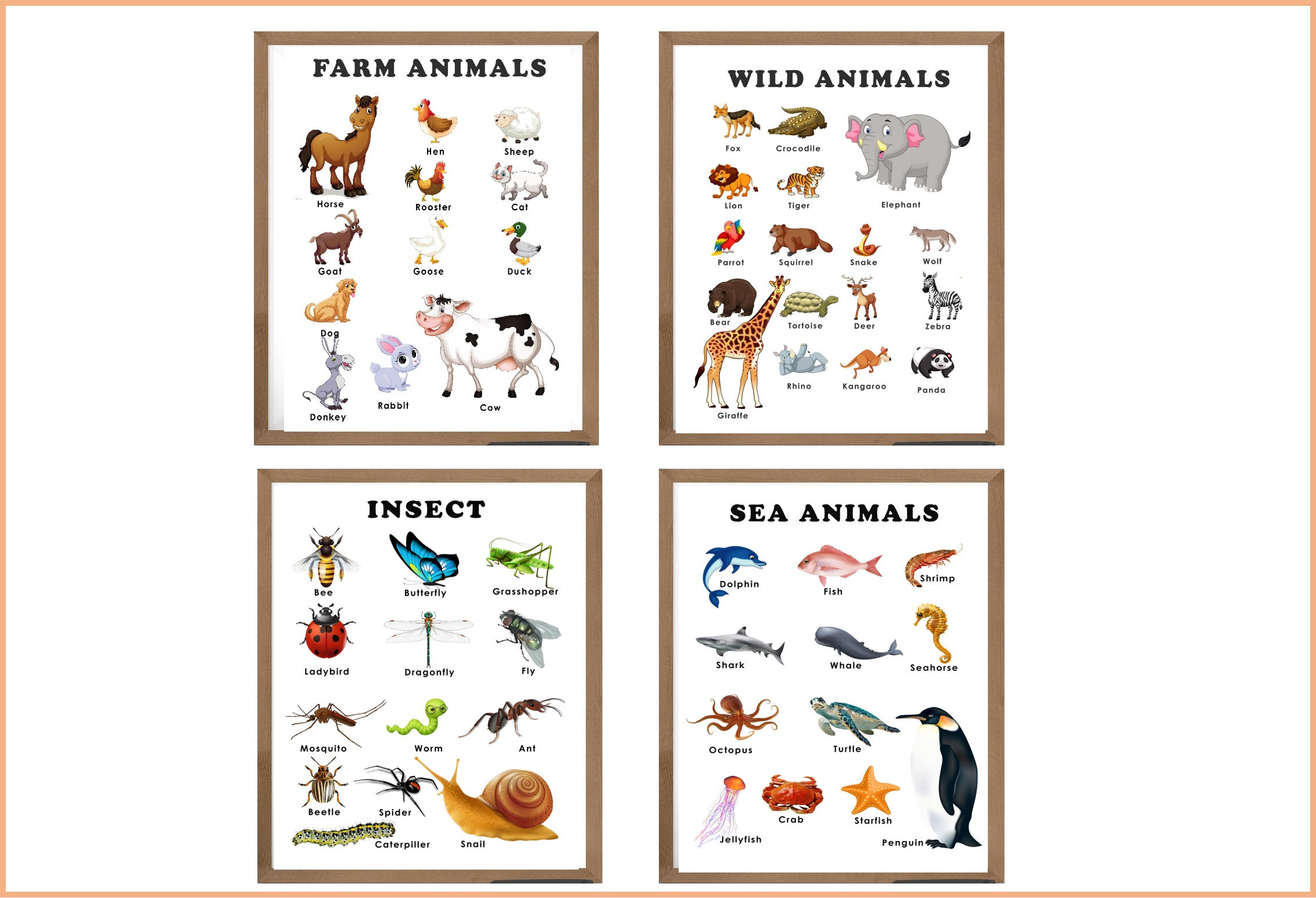 Sea Animals, Insects, Wild Animals and Farm Animals Printable Set ...