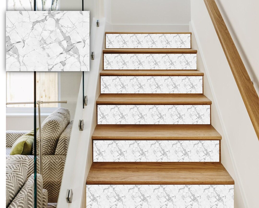 White Marble Removable Stair Riser Decals, Vintage Stone and Ceramic ...