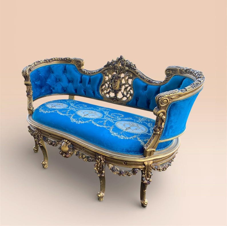 French Rococo Settee, Hand-carved Wood, Tufted Velvet Couch - Etsy