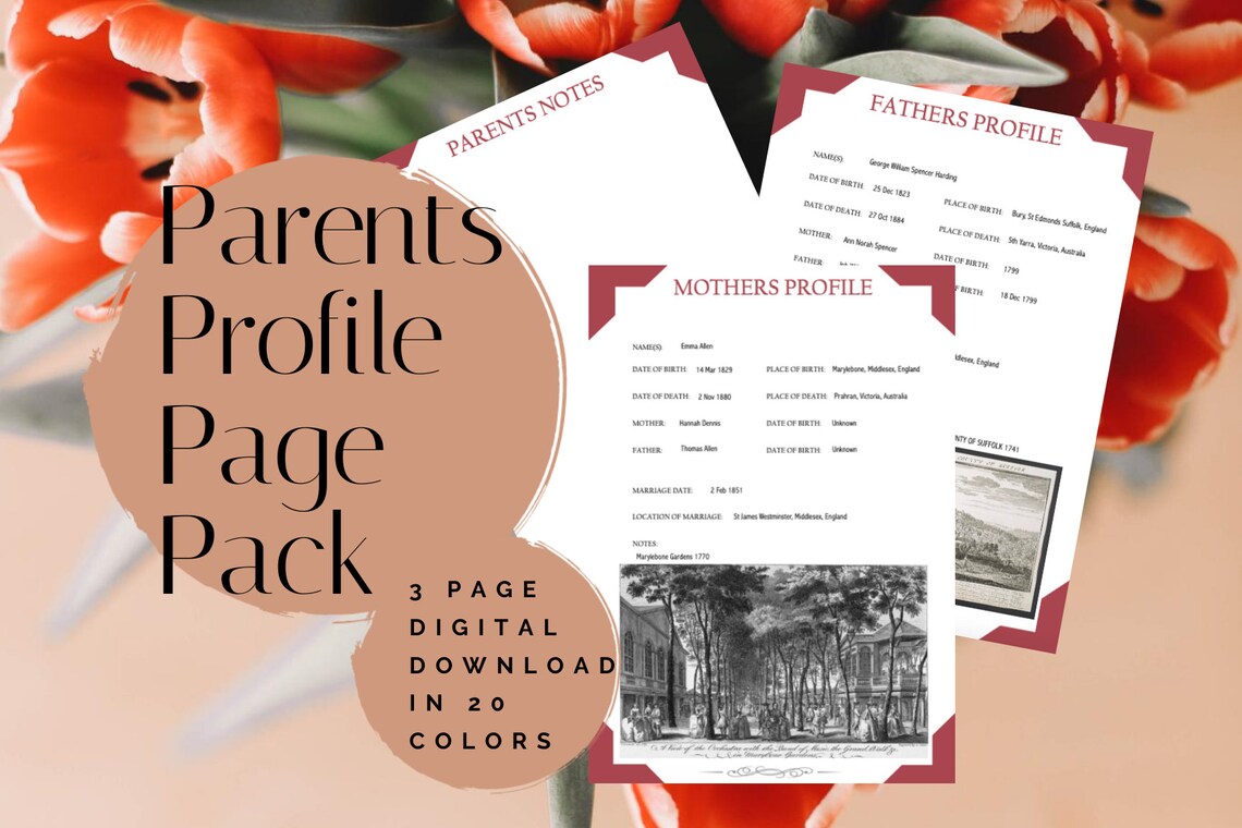 Parents Profile Page Pack - Printable (digital Download) Family History ...