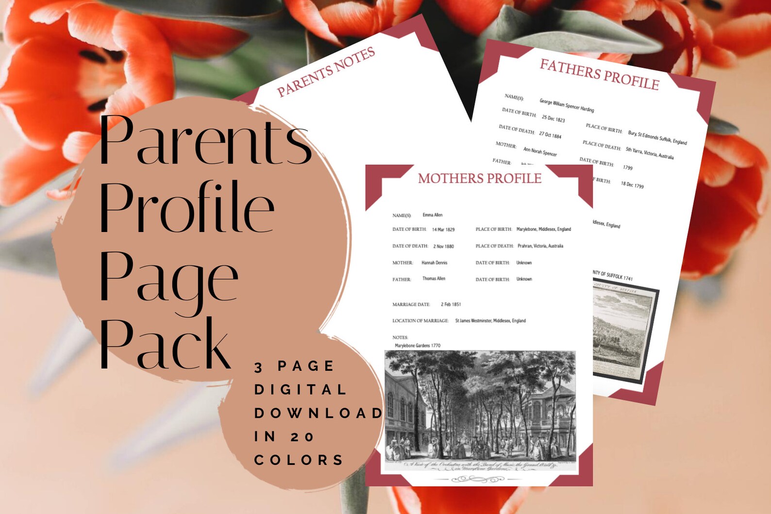 Parents Profile Page Pack - Printable (digital Download) Family History ...