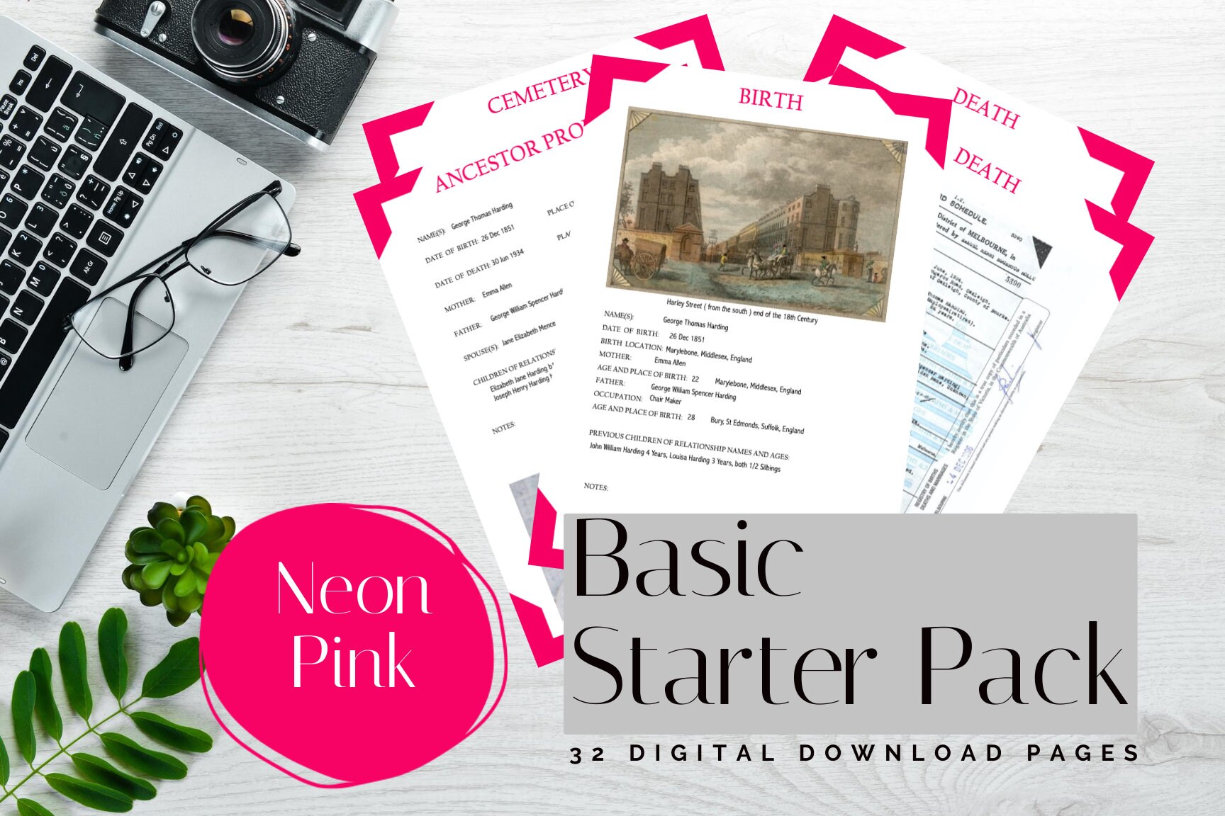 Basic Starter Pack - Neon Pink (digital Download) Family History Pages ...