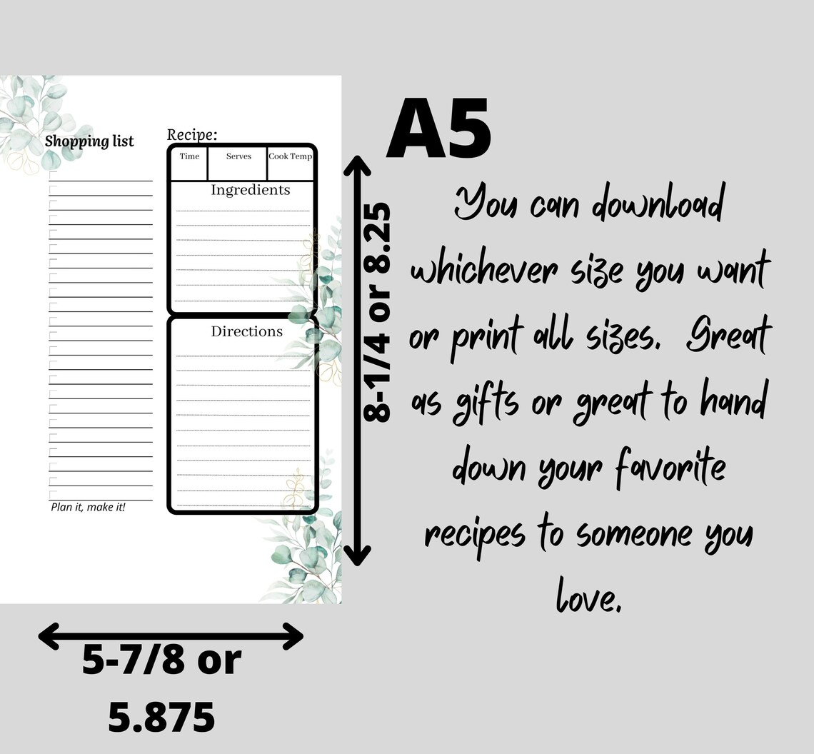Printable Recipe Inserts, PDF Planner, Recipe Personal Planner - Etsy