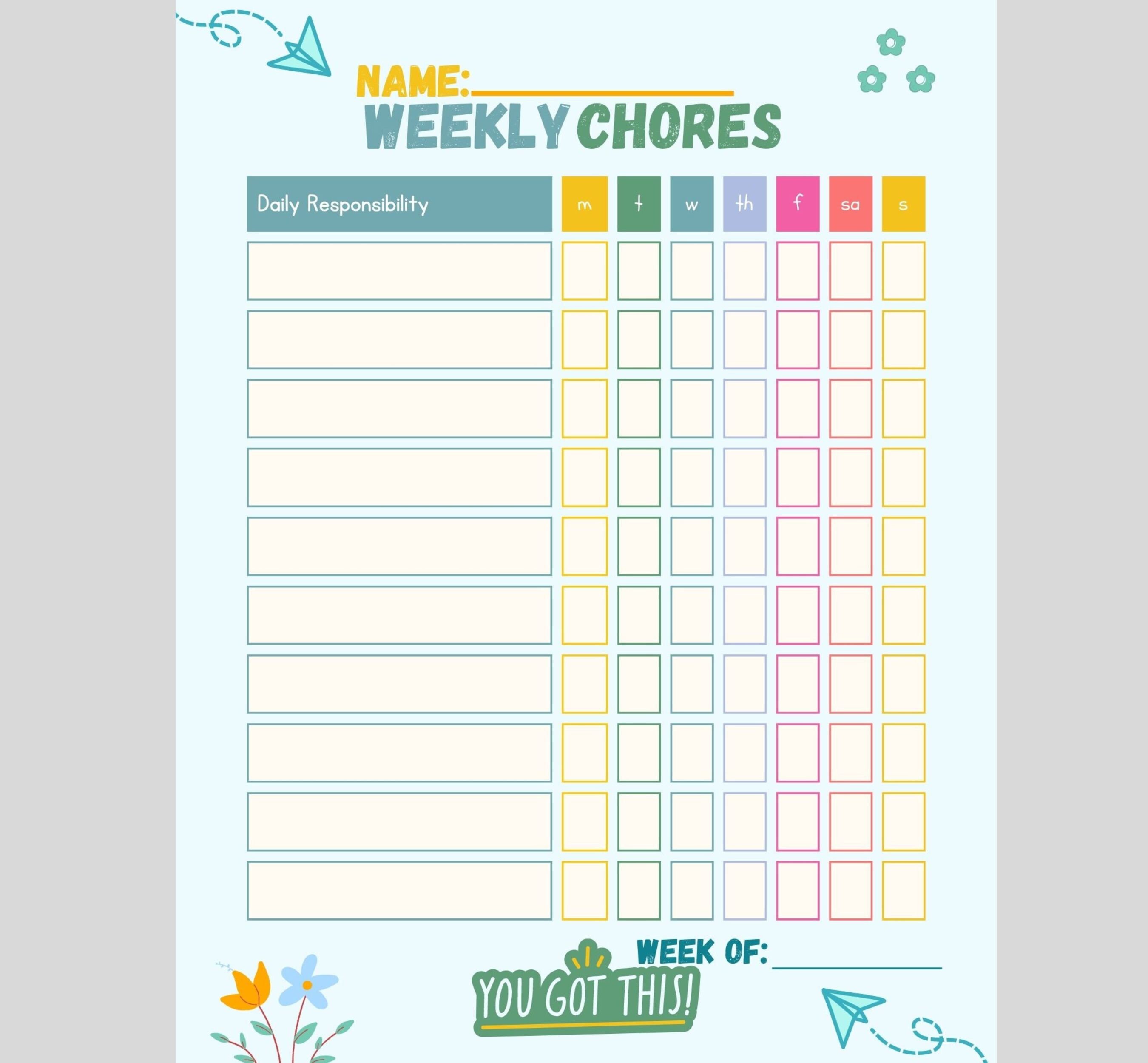 Chore List for Kids, Weekly Chore List, Printable Chore List, Printable ...