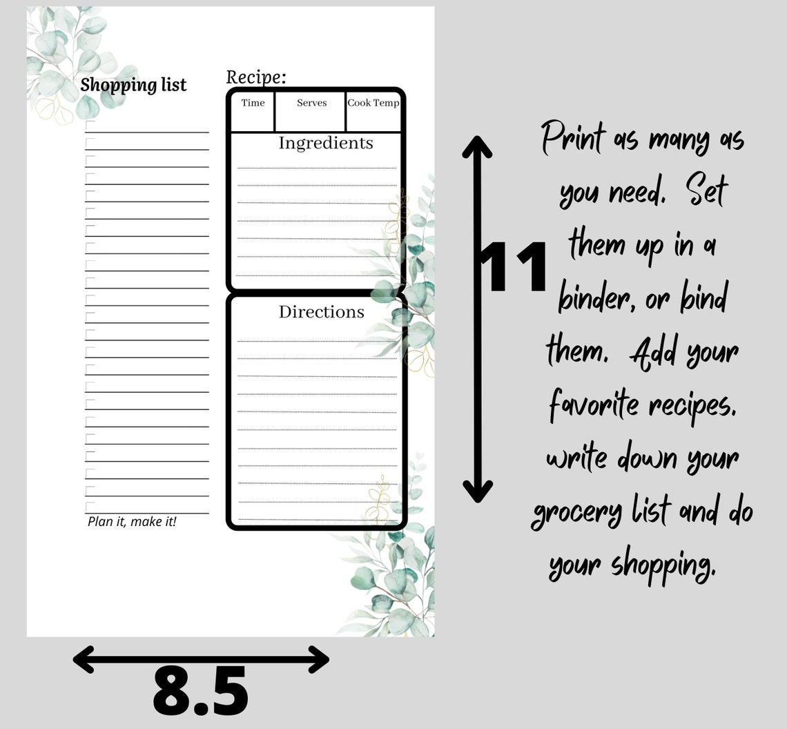 Printable Recipe Inserts, PDF Planner, Recipe Personal Planner - Etsy