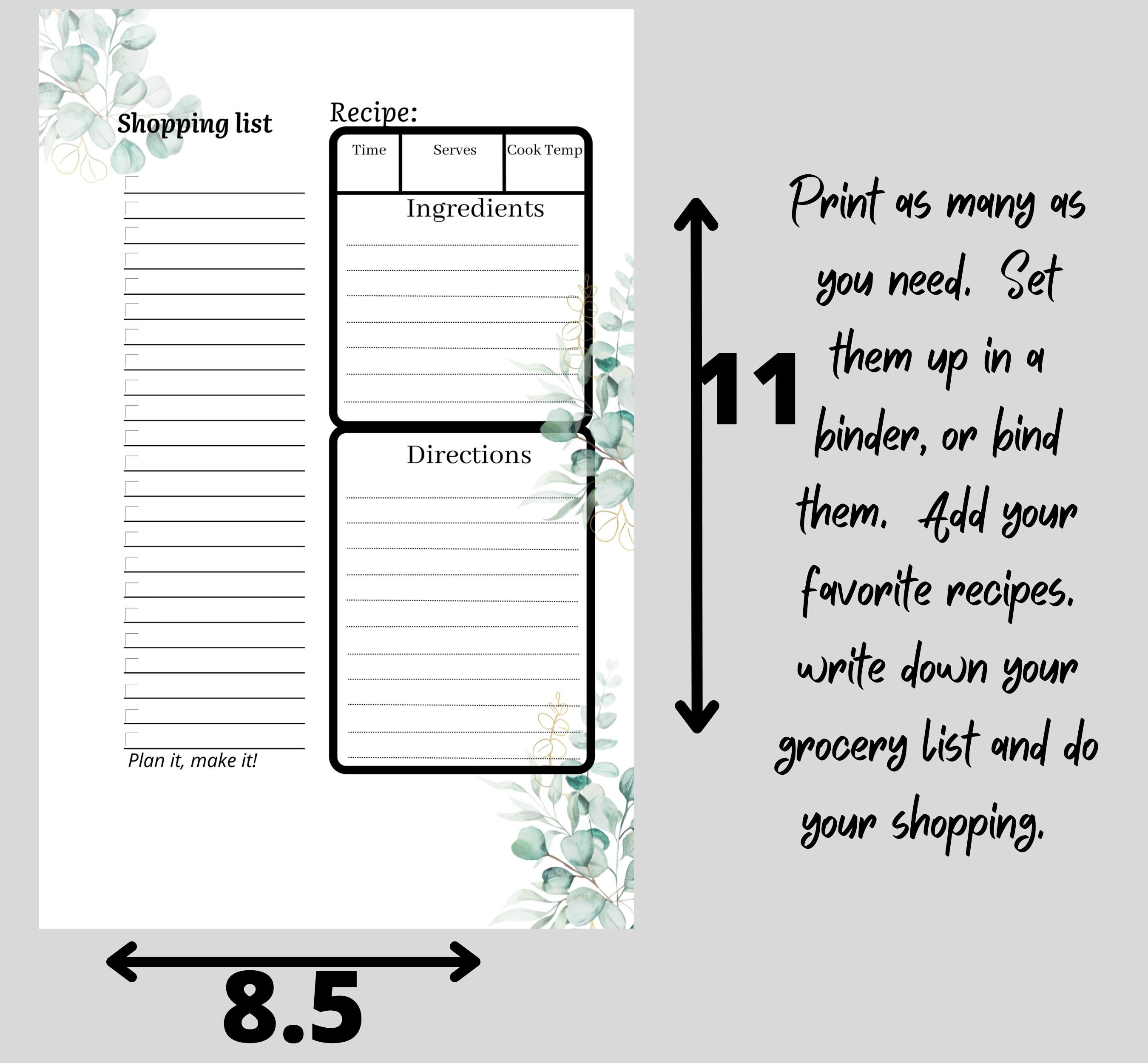 Printable Recipe Inserts, PDF Planner, Recipe Personal Planner - Etsy