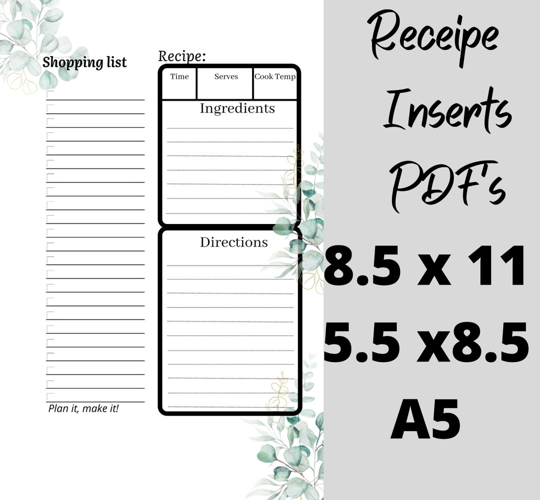 Printable Recipe Inserts, PDF Planner, Recipe Personal Planner - Etsy