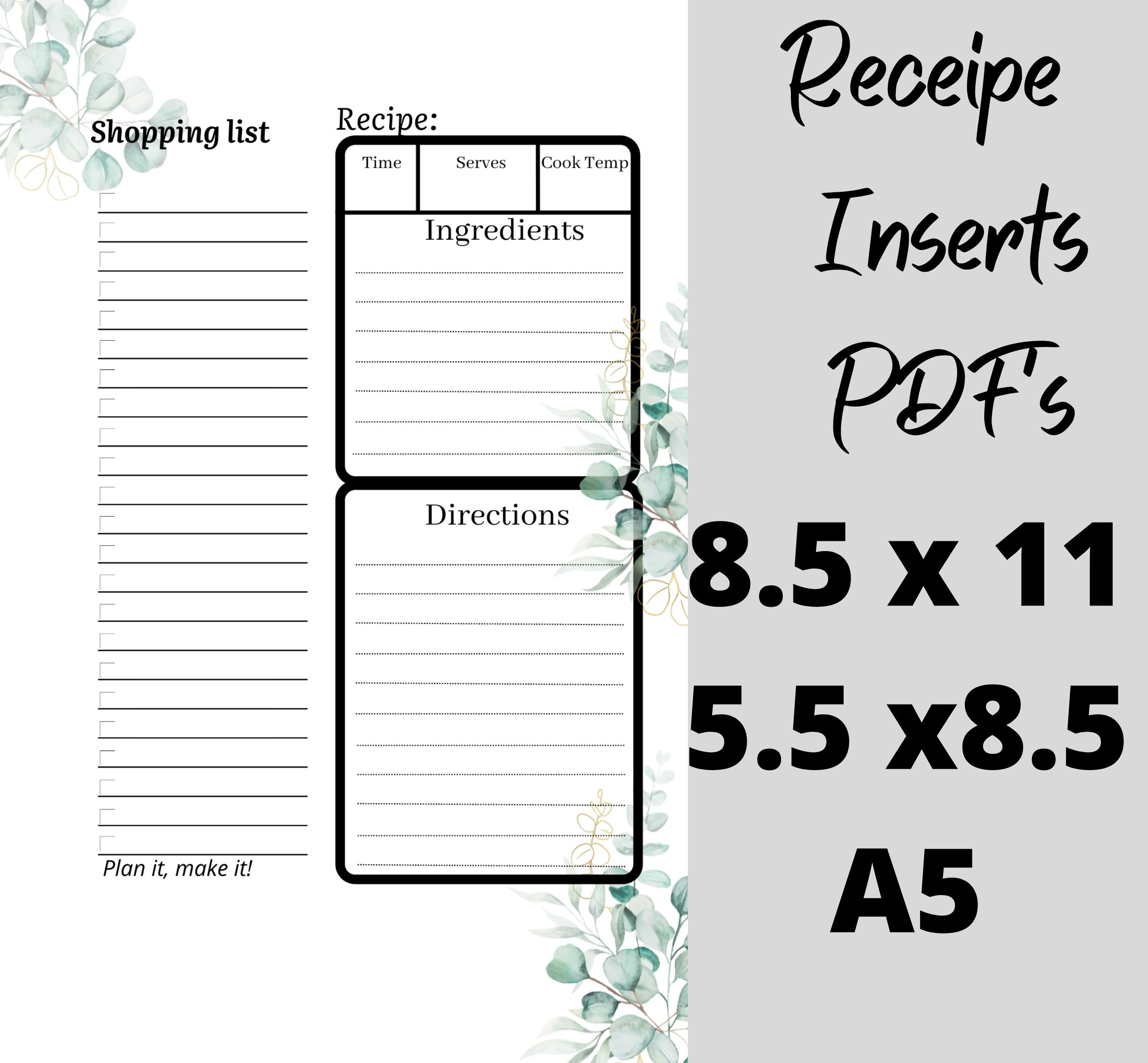 Printable Recipe Inserts, PDF Planner, Recipe Personal Planner - Etsy