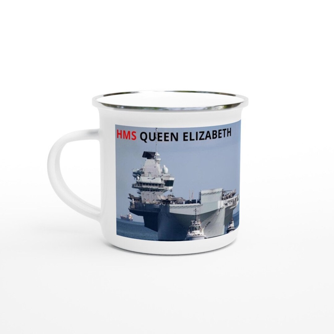 HMS Queen Elizabeth Aircraft Carrier Personalised White 12oz Enamel Mug ...