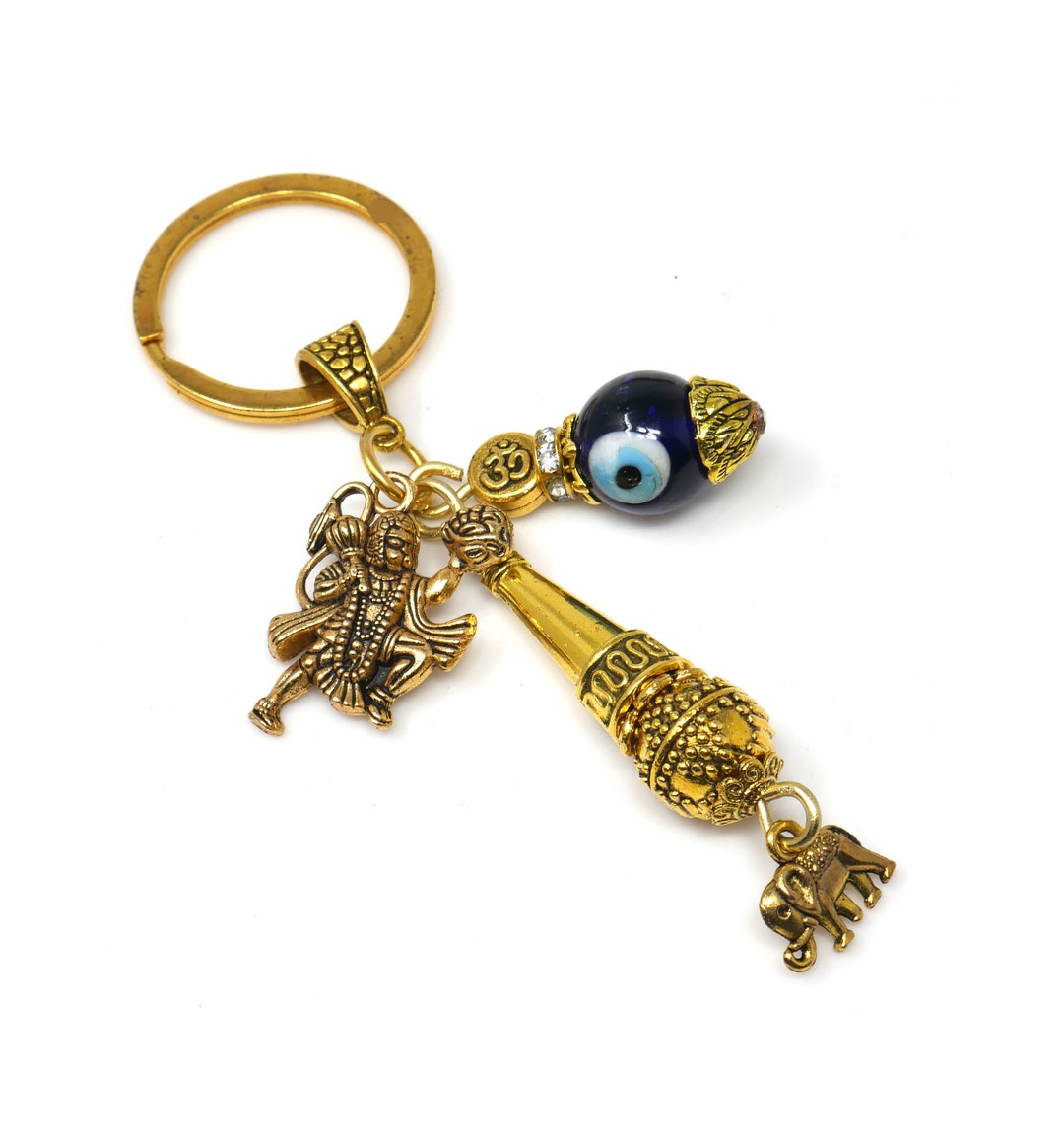 Lord Hanuman Ji and Gada Charm & Evil Eye Protection Blue Glass Bead ...