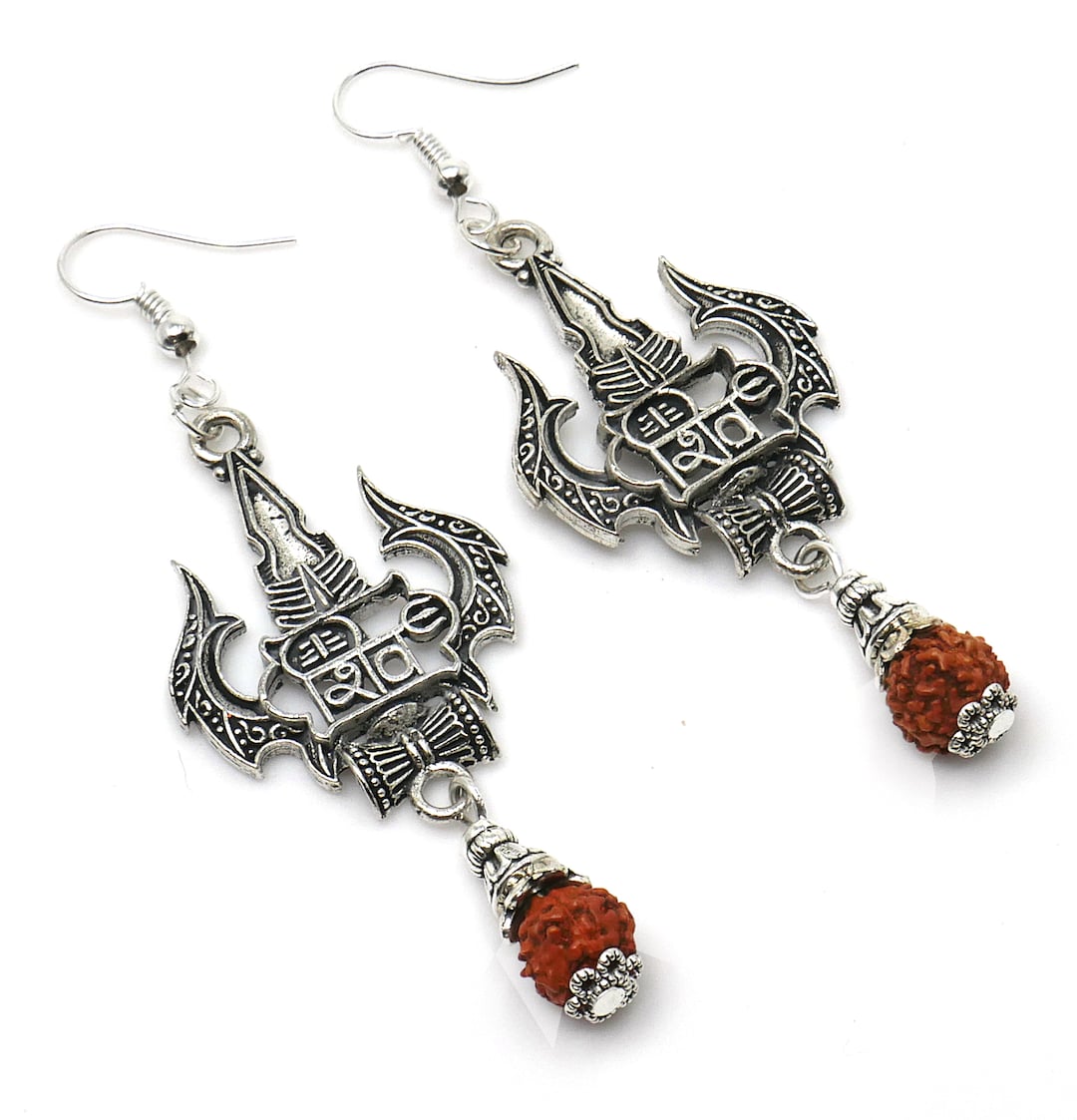 Lord Shiva Trishul With Damru & Rudraksha Bead Antique Silver Earring ...