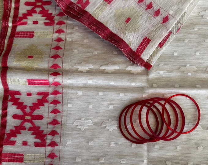 Handloom Dhakai Jamdani Saree From Bangladesh || White Red Jamdani Half ...