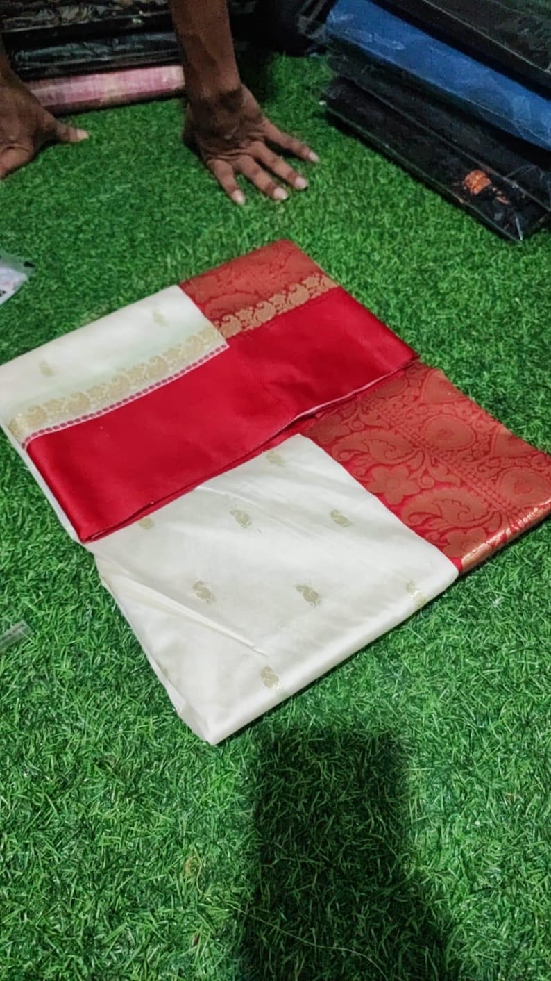 White and Red Garad Silk Saree Gorod Silk Saree With Blouse Piece ...