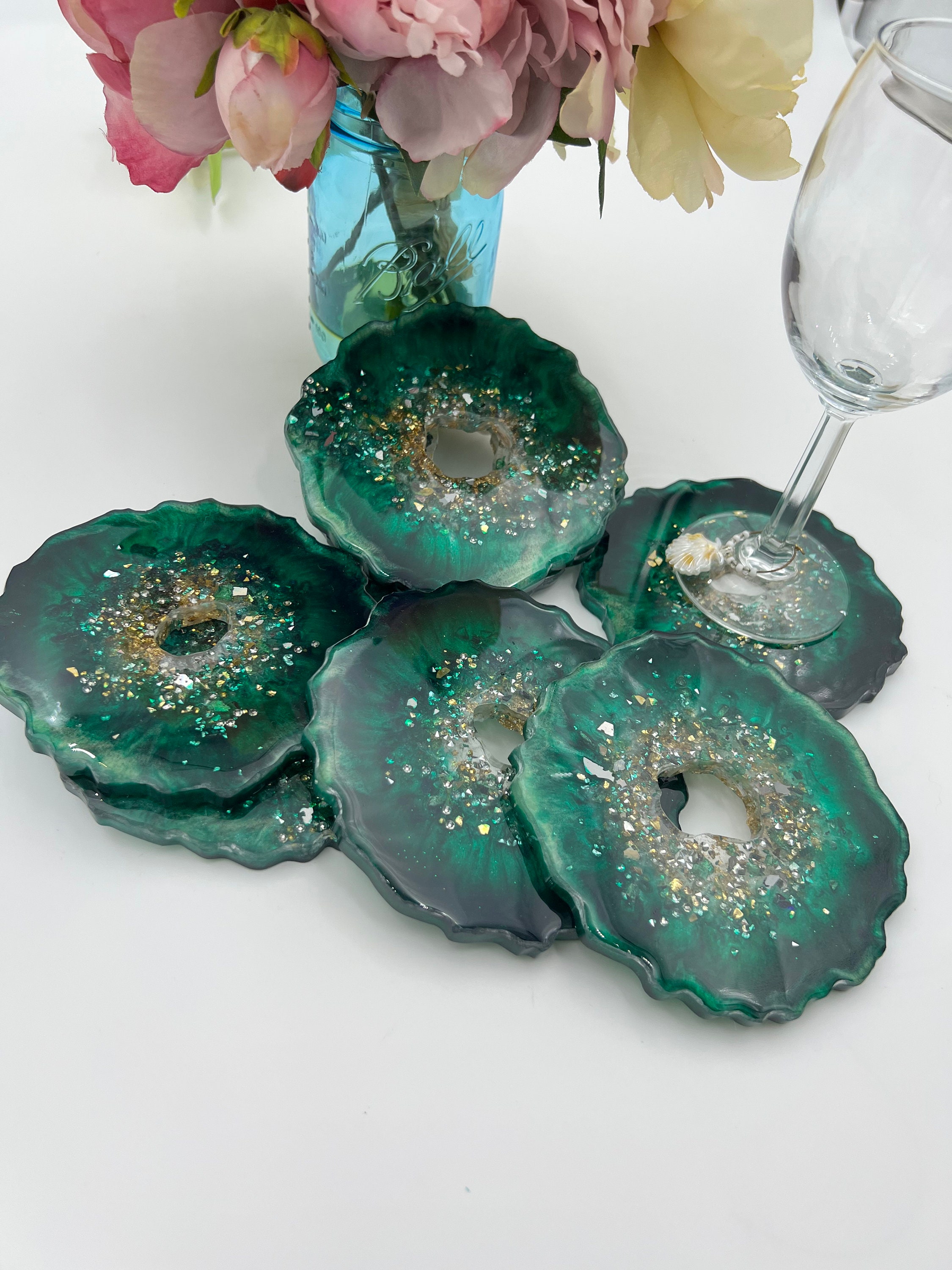 Emerald Green Handmade Geode Inspired Coaster Set of 5 - Etsy