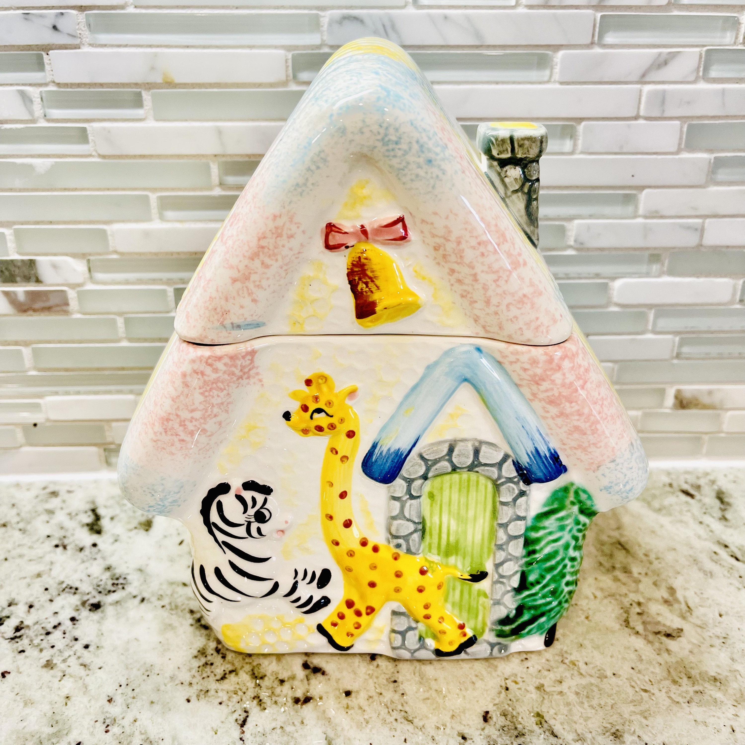 Vintage 1960s House Shaped Lidded Jar Zebra and Giraffe Pastel Colors ...