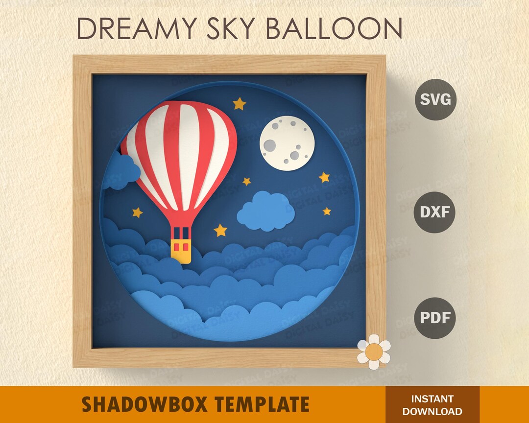 Dreamy Sky Balloon Shadow Box SVG Template, Starry Night Wall Decor ...