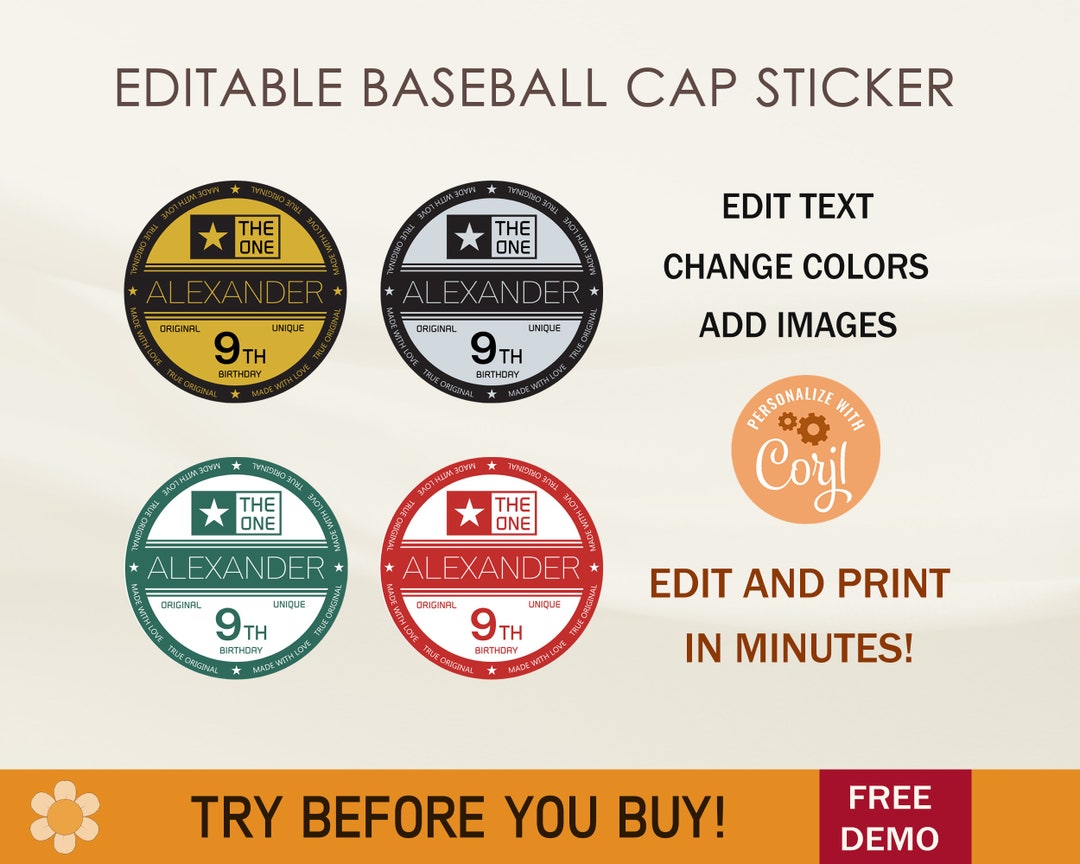 Baseball Cap Sticker Editable Template, Favor Box Label, Editable ...