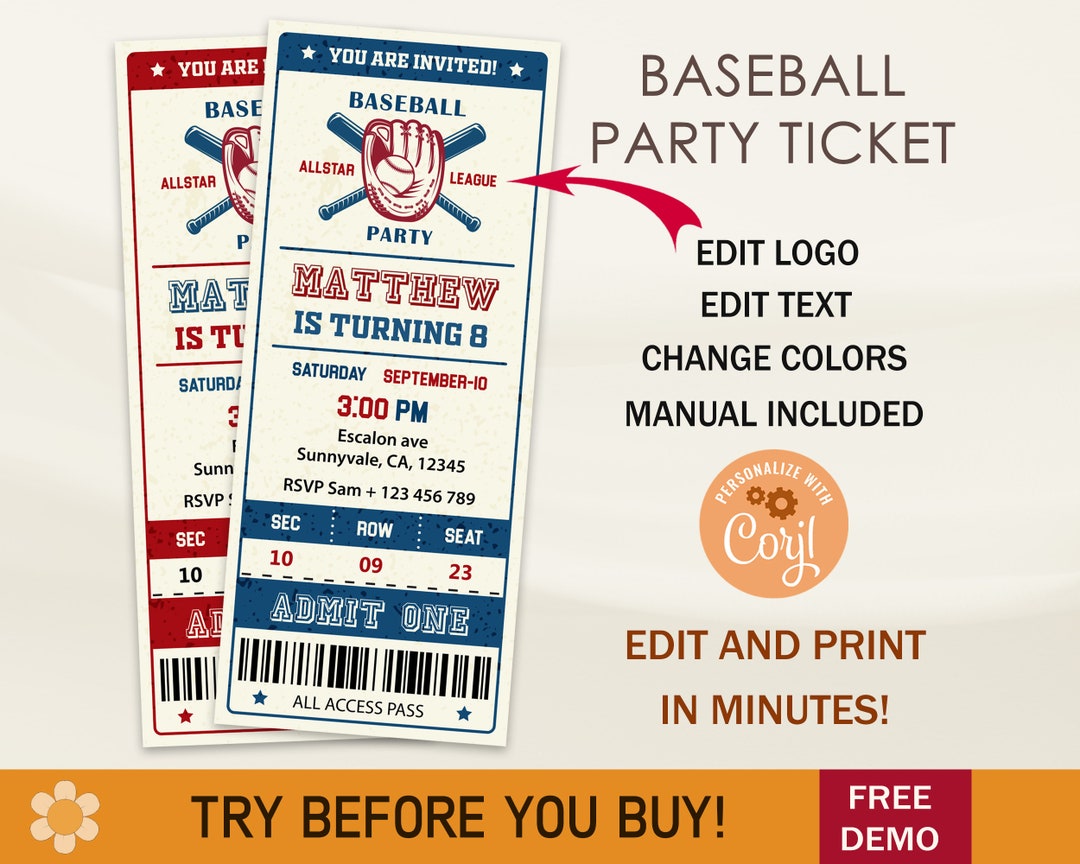 Baseball Ticket Birthday Invitation Template: Editable Sports Party ...