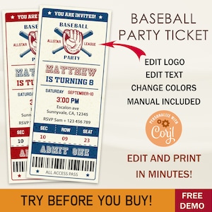 Baseball Ticket Birthday Invitation Template: Editable Sports Party ...