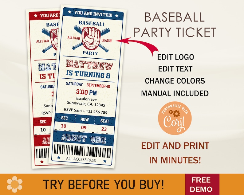 Baseball Ticket Birthday Invitation Template: Editable Sports Party ...