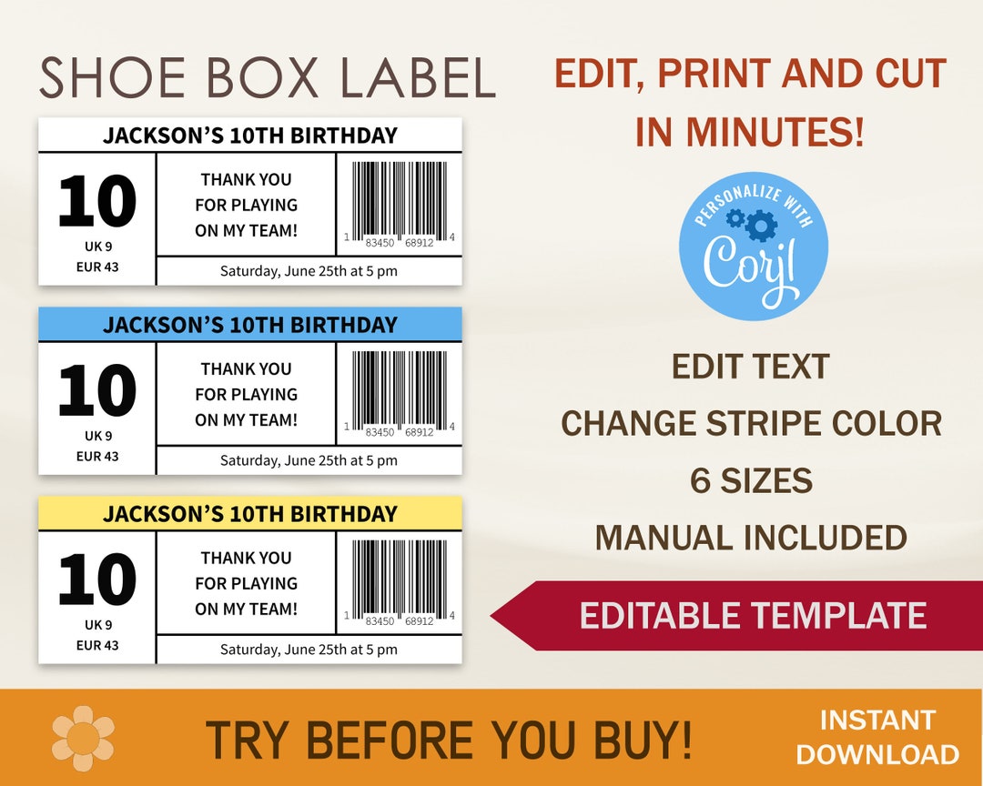 Shoe Box Label Template, Sneaker Box Label, Editable Invitation ...